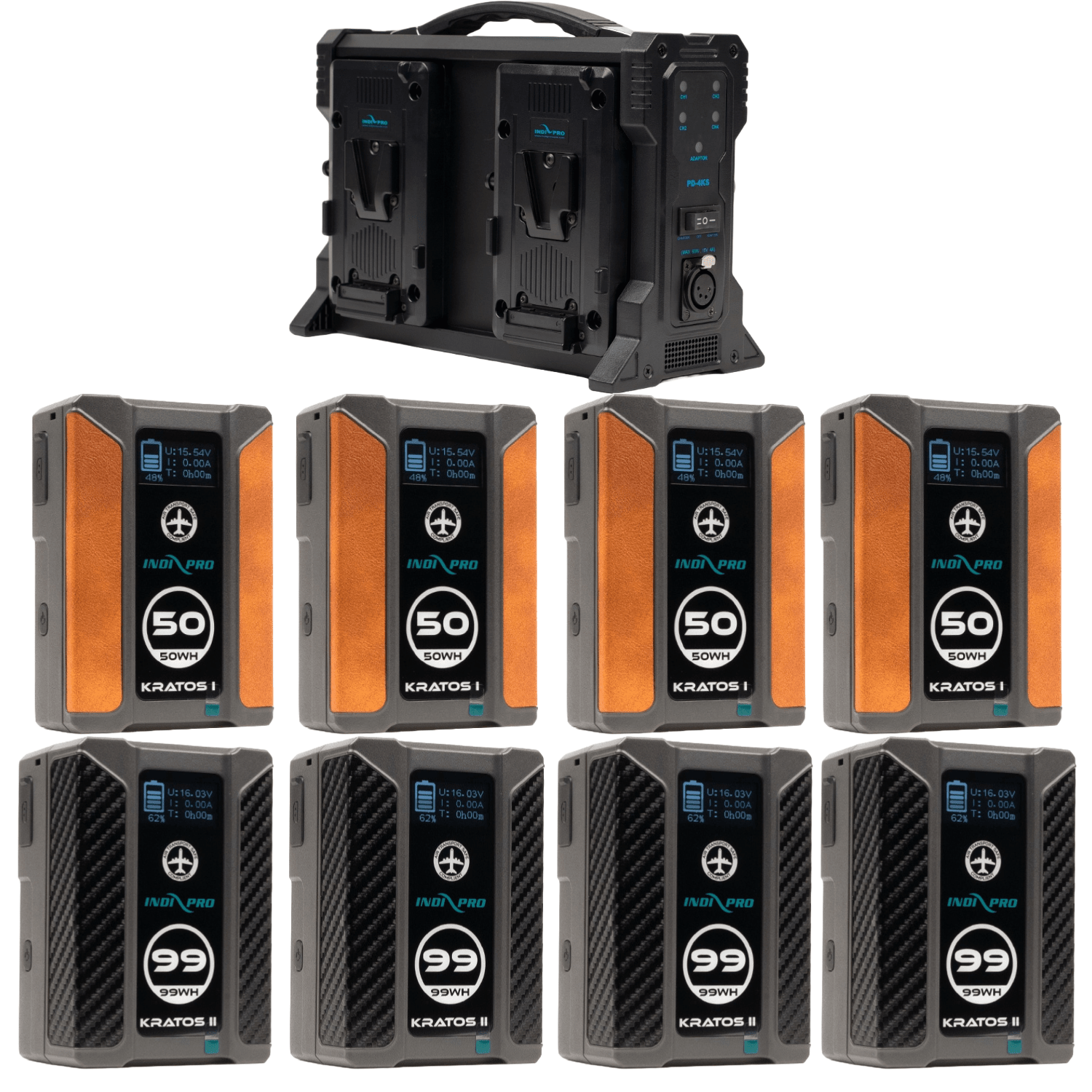 Indipro 4x Kratos 99Wh, 4x Kratos 50Wh V-Mount Li-Ion Batteries and Qu